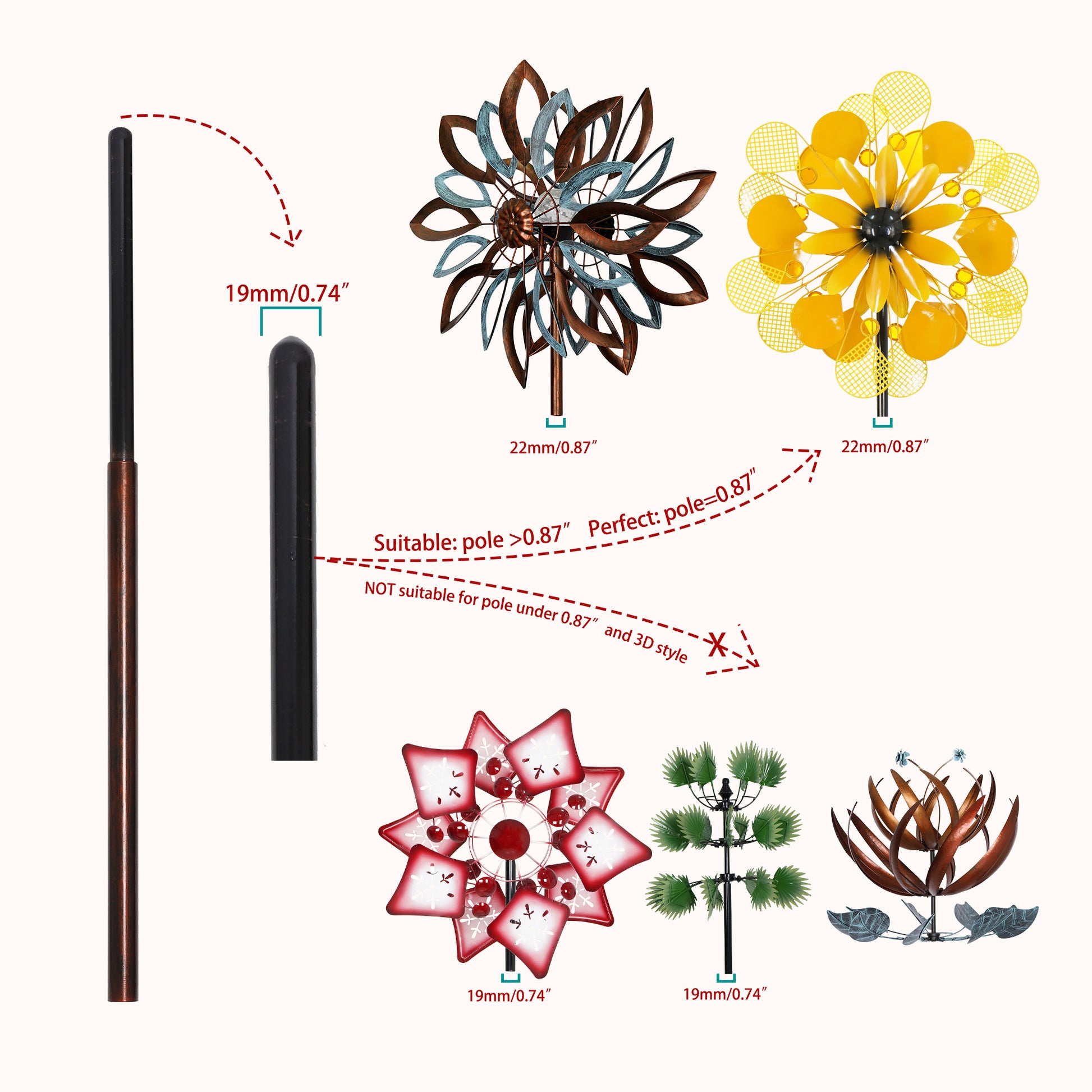 Garden Wind Spinner Replacement Poles 71 in., with 3 adjustable Rods ...