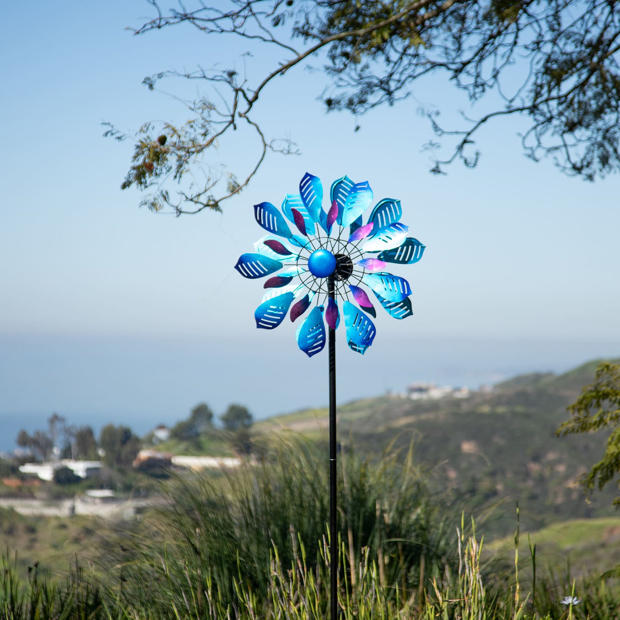 Metal Peacock Feather Garden Wind Spinner | Cyan Oasis